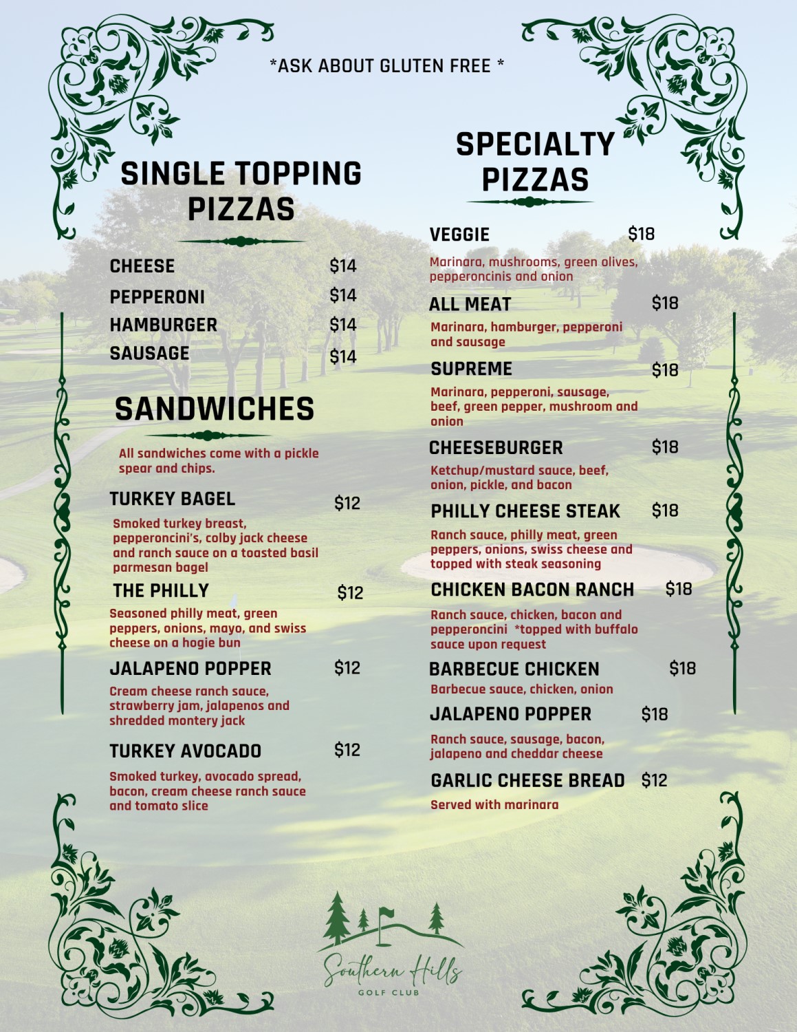 Menu – Southern Hills Golf Club – Hastings, NE